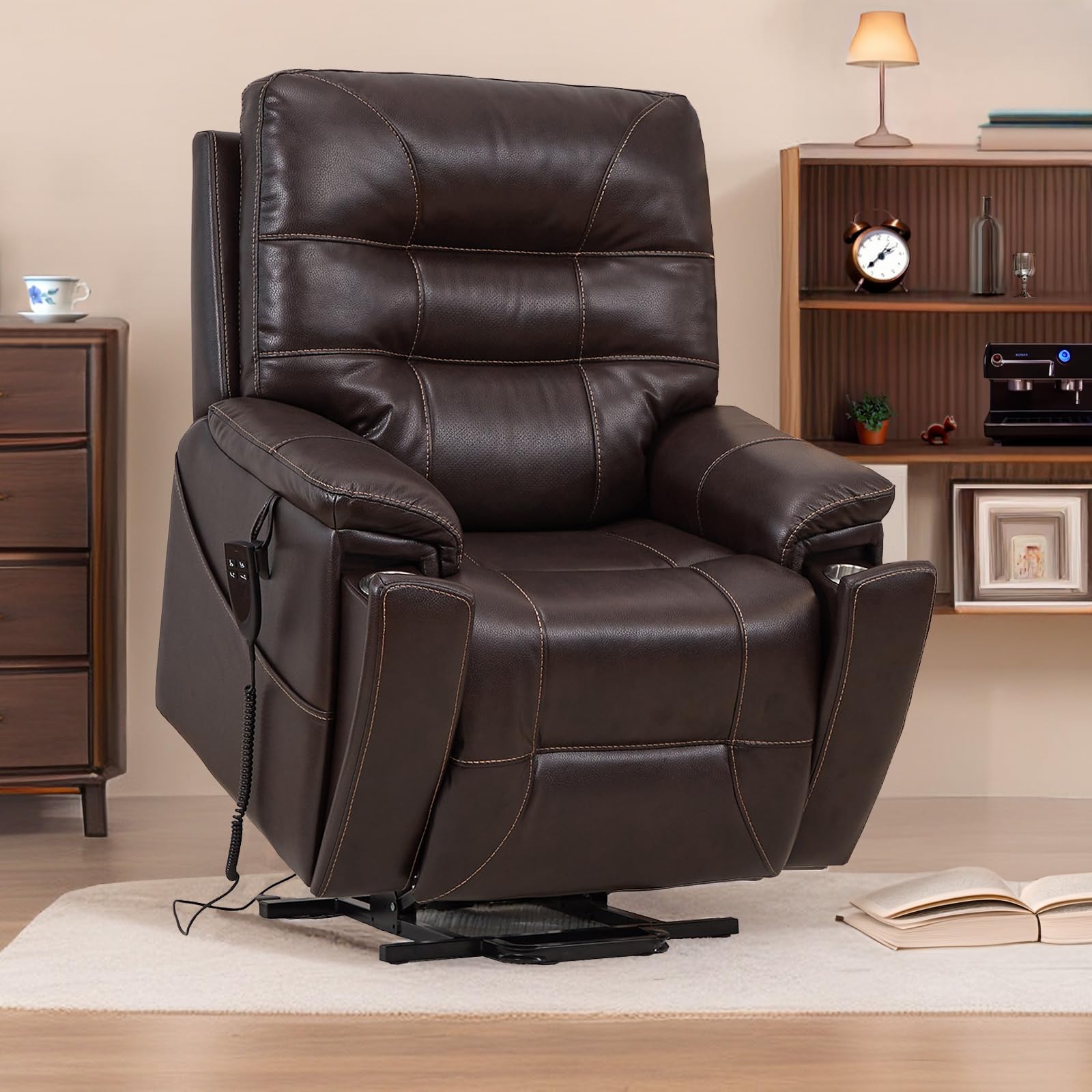 ASIMIL Large Power Lift Chairs Recliners for Elderly Dual OKIN Motor Infinite Position Ergonomics Sofa Lays Flat Chair,Hidden Cup Holder(Faux Leather,Brown