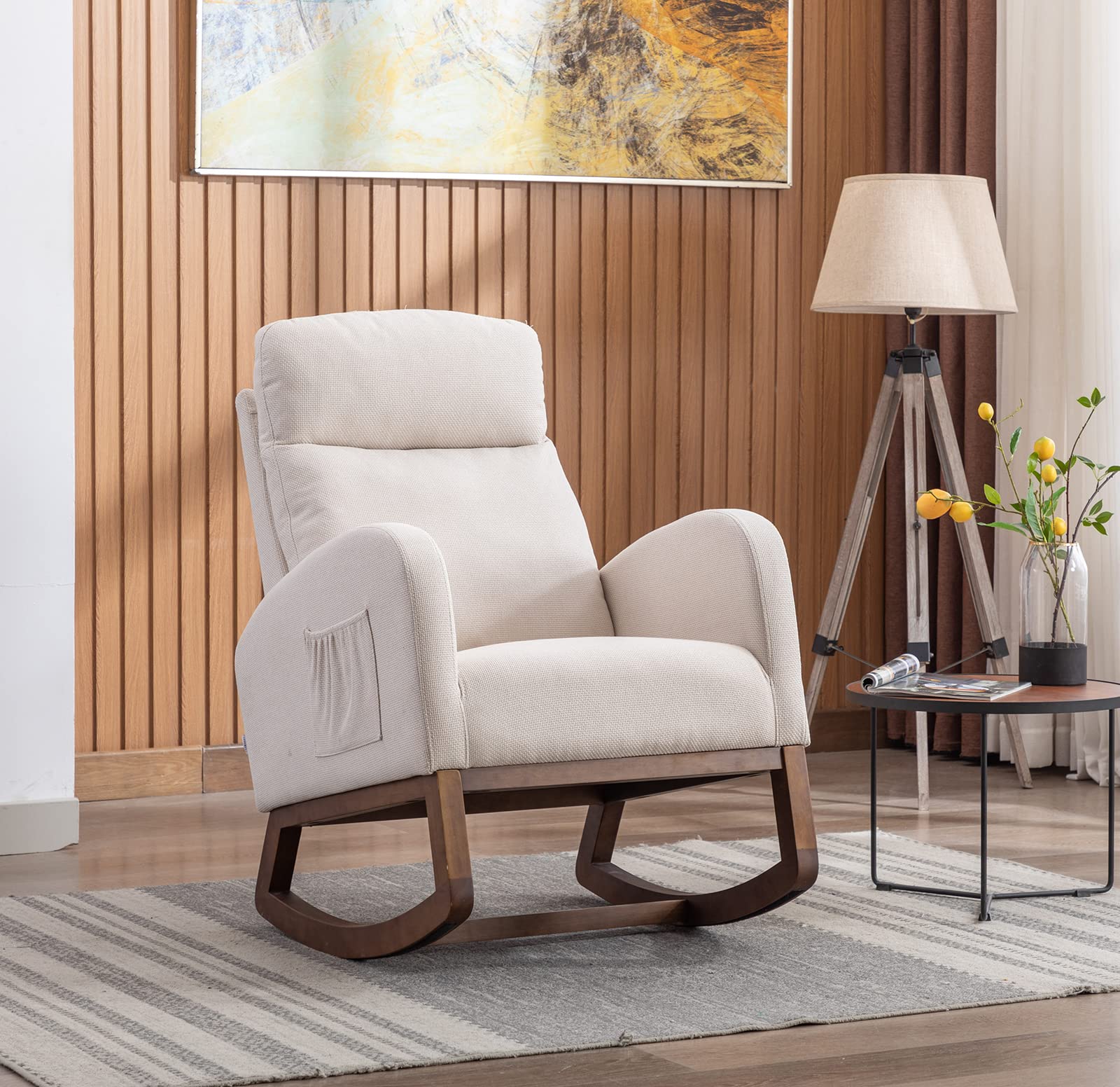 Antetek Modern Accent Rocking Chair, Upholstered Nursery Glider Rocker for Baby, Comfy Armchair with Side Pocket, Living Room Lounge Arm Chair, High Backrest with Headrest Shape Design (Light Beige)