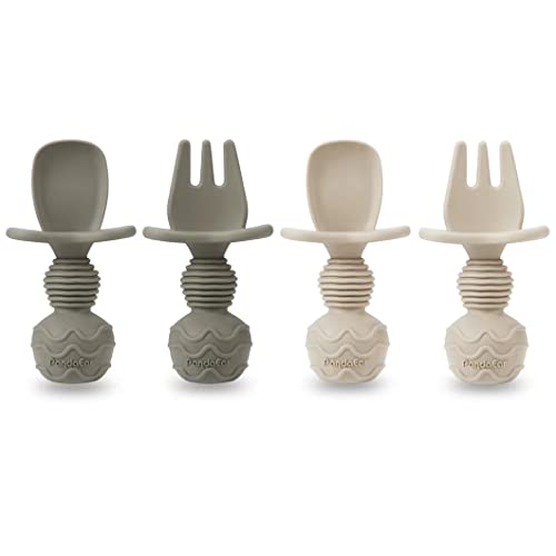 PandaEar Silicone Baby Feeding Set| 2 Pack Silicone Divided Suction Plate and 2 Pack Tiny Cup with 2 Spoons 2 Forks| Baby Led Weaning Supplies Self Feeding Eating Utensils (Light Tan/Walnut)