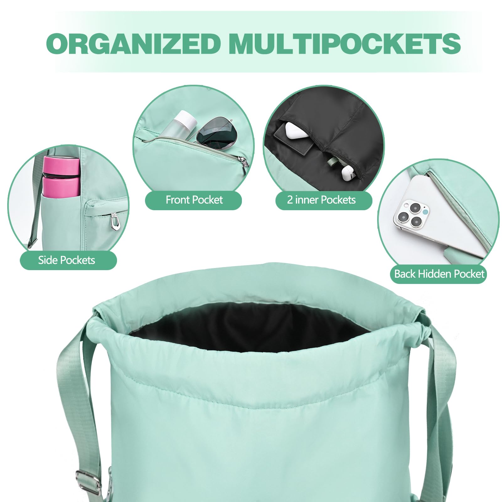 BAVELOE Drawstring Backpack with Wet Pocket Gym Backpack Water-Resistant Cinch String Bag Beach Swim for Women Men(Mint Green)