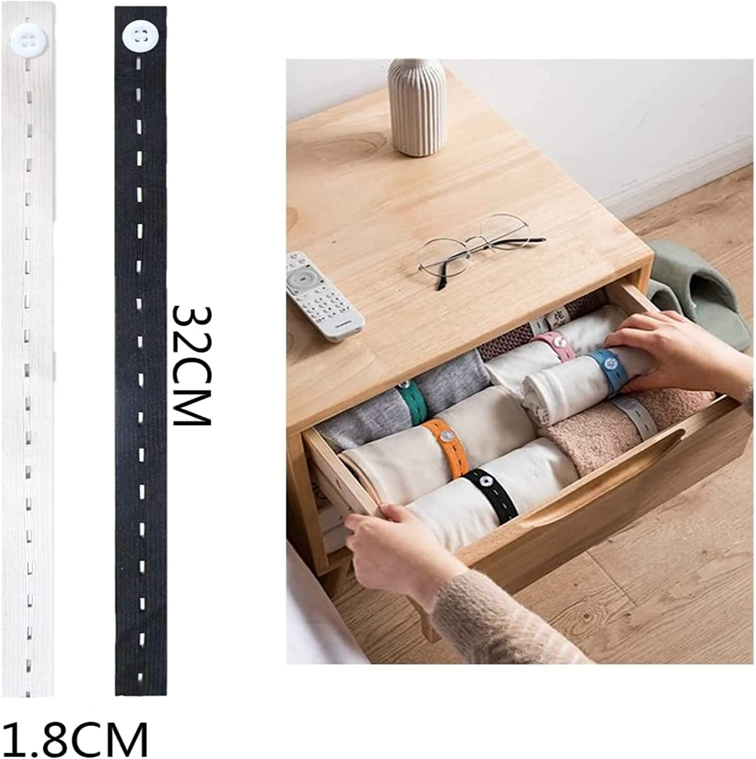 VSV stoage Adjustable Clothes Storage Elastic Band, Roll-up Clothing Storage Strap with Button and Buttonholes, Space Saver, Connatable Strap for Drawer, Closet and Travel Luggage, Grey