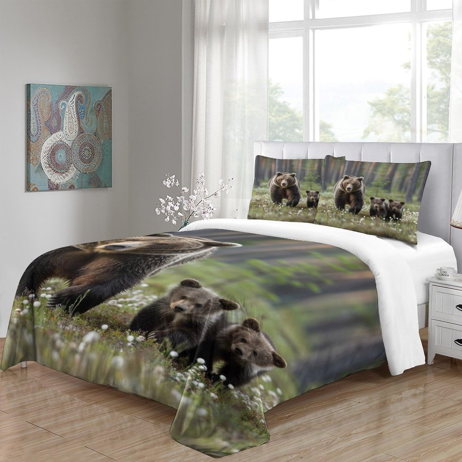 Brown Bear And Two Cubs Comforter Covers 3D Printed Walking in The Taiga Duvet Cover Quilt Cover for Boys Girls with Zipper Closure Soft Microfiber Bedding Set with Pillow Cases 3 Pieces Twin(173x218c