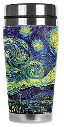 Mugzie "Van Gogh: Starry Night" Stainless Steel Travel Mug with Insulated Wetsuit Cover, 20 oz, Black