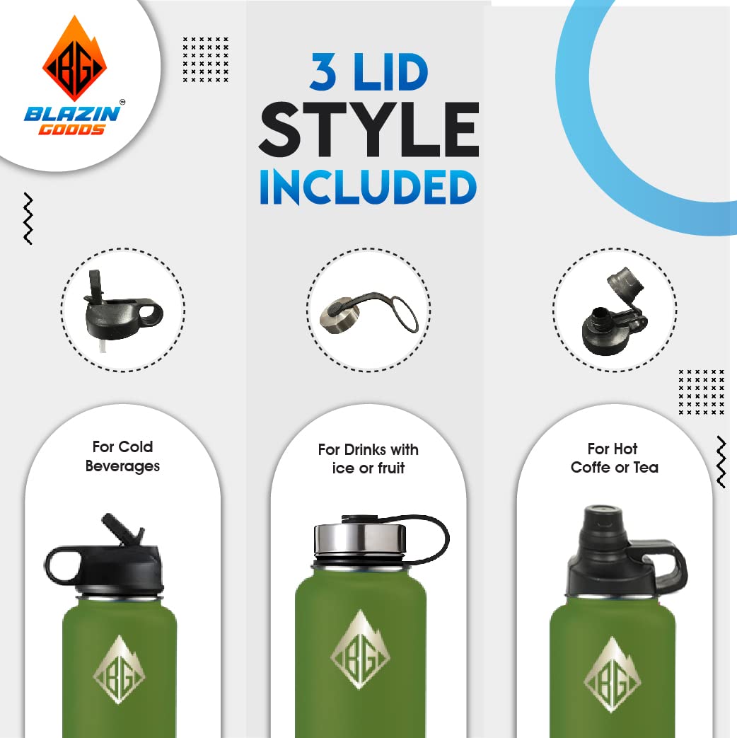 Blazin Goods Stainless Steel, Leak Proof, Vacuum Insulated Stainless Steel, Double Walled Water Bottle | 3 Lids, 2 Straws, 1 Wire cleaning brush (Olive/Drab, 32 Oz)