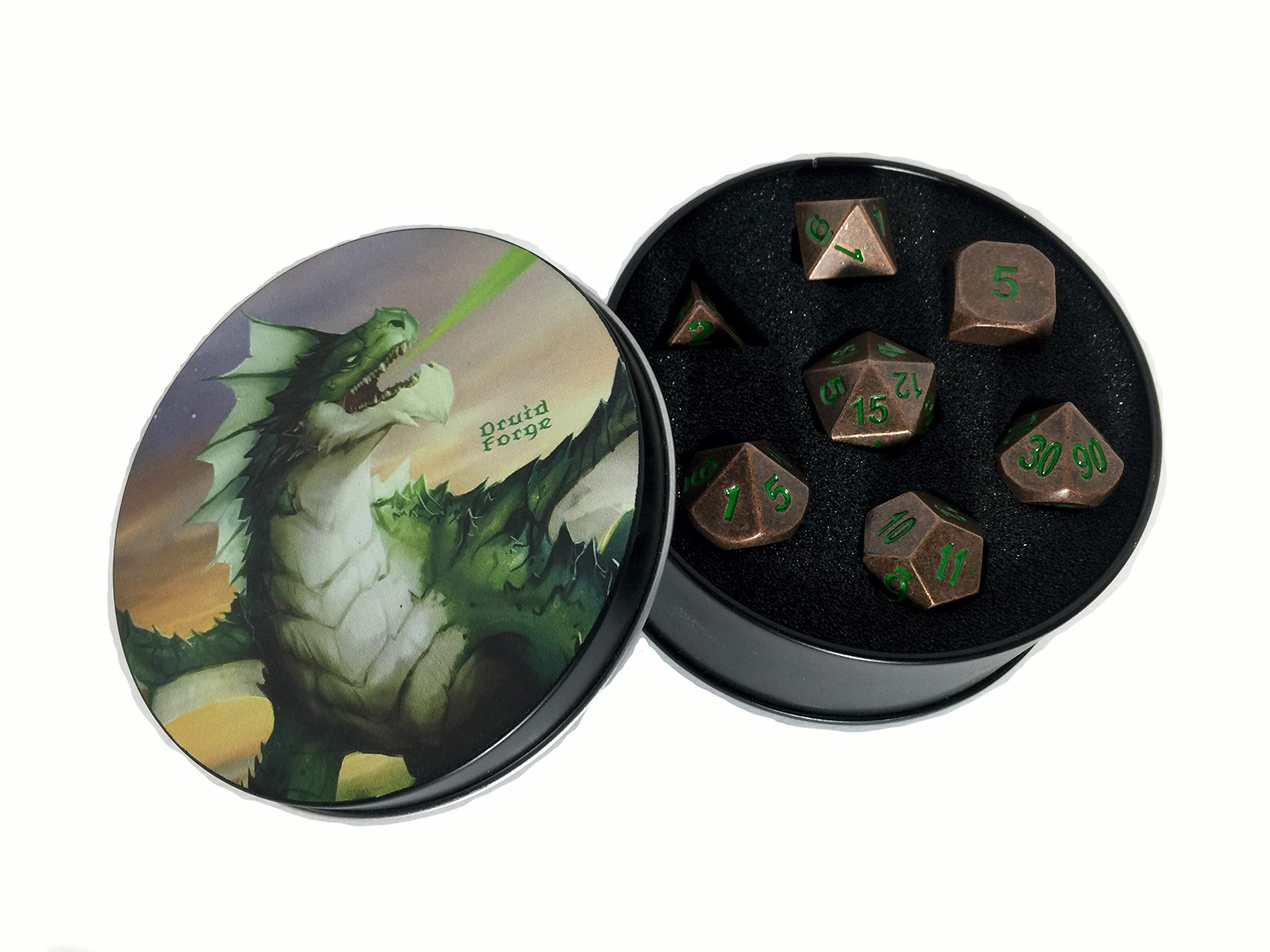 Druid Forge Metal Dice Polyhedral Set of 7 Chaotic Copper D&D RPG Ancient Copper with Green Numbers