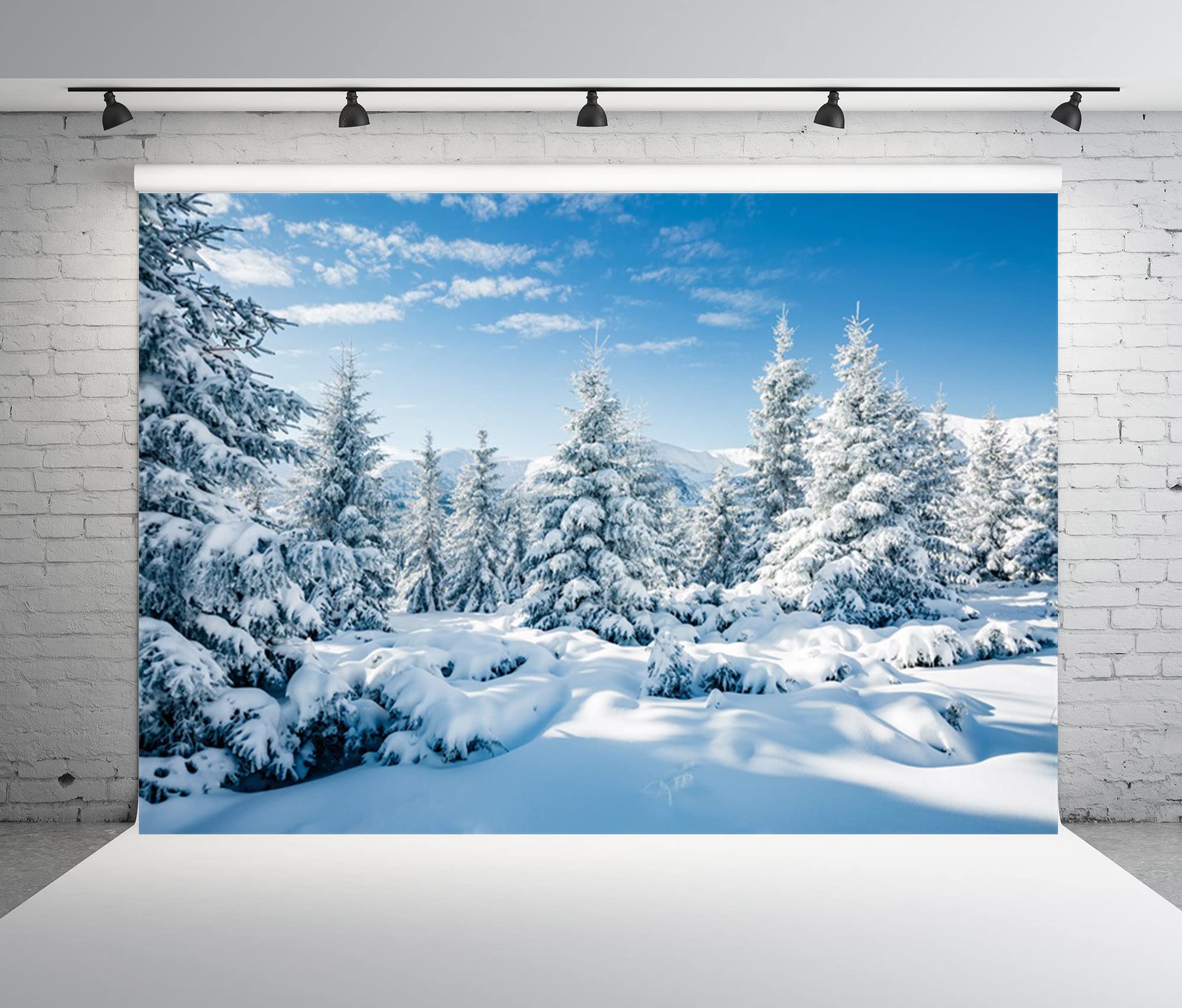 BELECO 9x6ft Fabric Winter Snow Forest Backdrop Frozen White Xmas Trees Wintry Scene Alps Photography Backdrop for Christmas New Year Party Decorations Winter Wonderland Background Photo Props