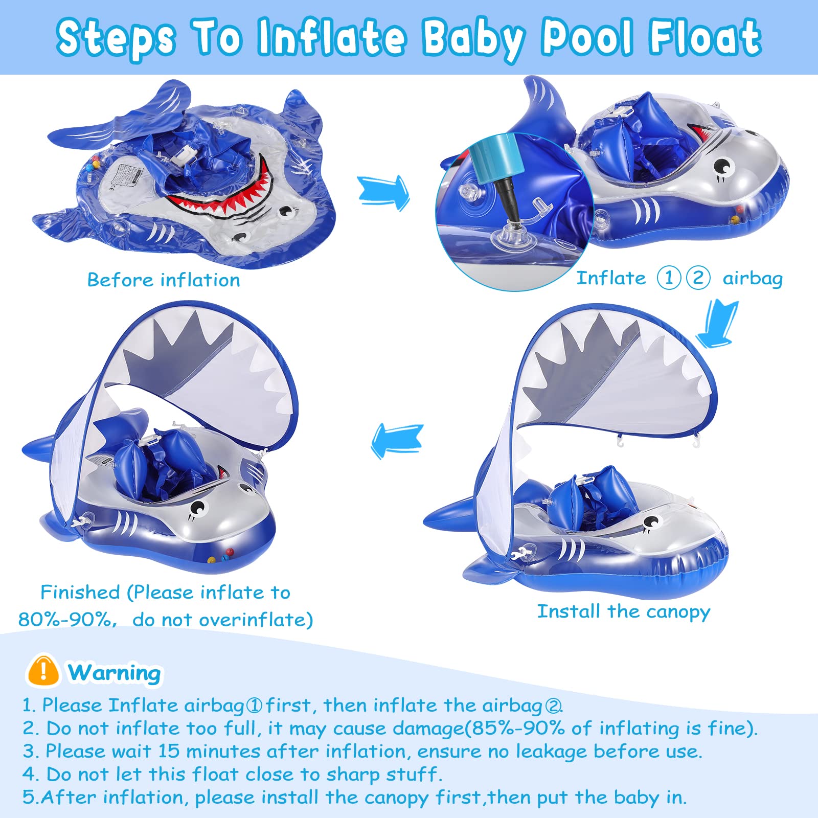 Baby Pool Float, Infant Swimming Float with Sun Protection Canopy Inflatable Floaties for Toddlers Shark Baby Swim Floats Ring for Pool Bath Toys for Newborn 3-36 Months