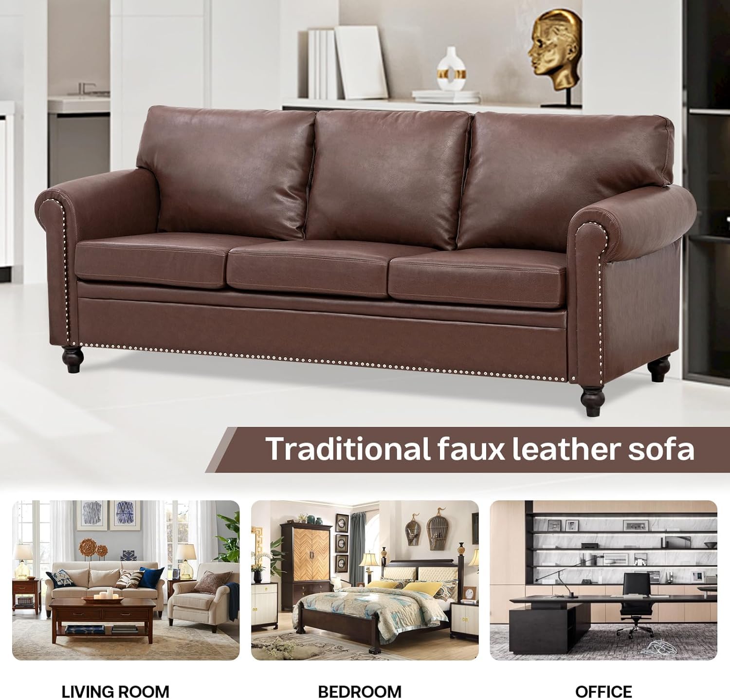 Brown Leather Couch, Comfy Classic 3 Seater Living Room Sofa,Mid-Century Modern Sofa with Detachable Cushions 84" for Living Rooms, Bedrooms, Offices,Apartments Tool-Free Assembly(Brown PU + Sofa)