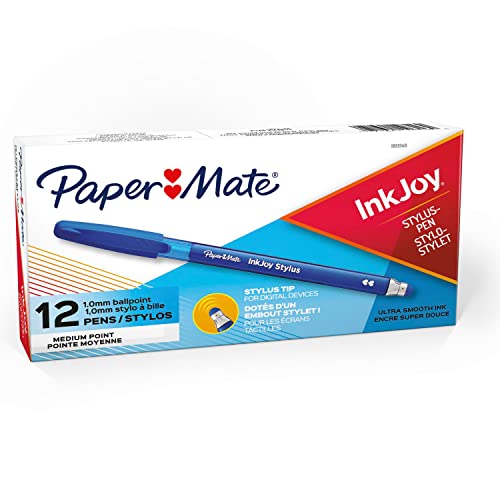 Paper Mate InkJoy 2 in 1 Stylus Ballpoint Pens, Medium Point, Blue, Box of 12