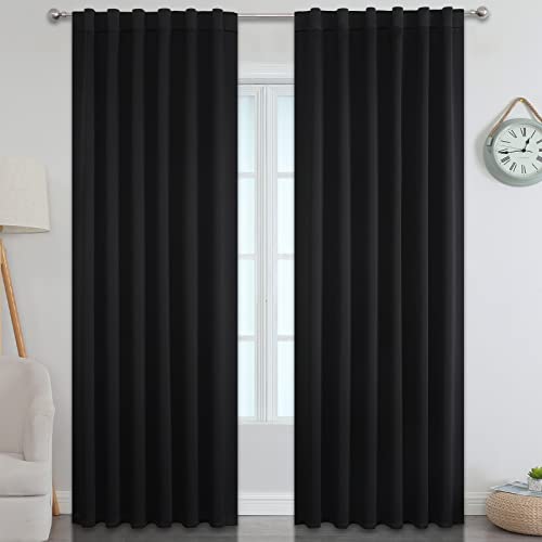 Estelar Textiler Black Blackout Curtains for Bedroom, Thermal Insulated Light Blocking Curtains 84 Inches Long, Back Tab and Rod Pocket Room Darkening Window Drapes for Living Room,52x84 Inch,2 Panels