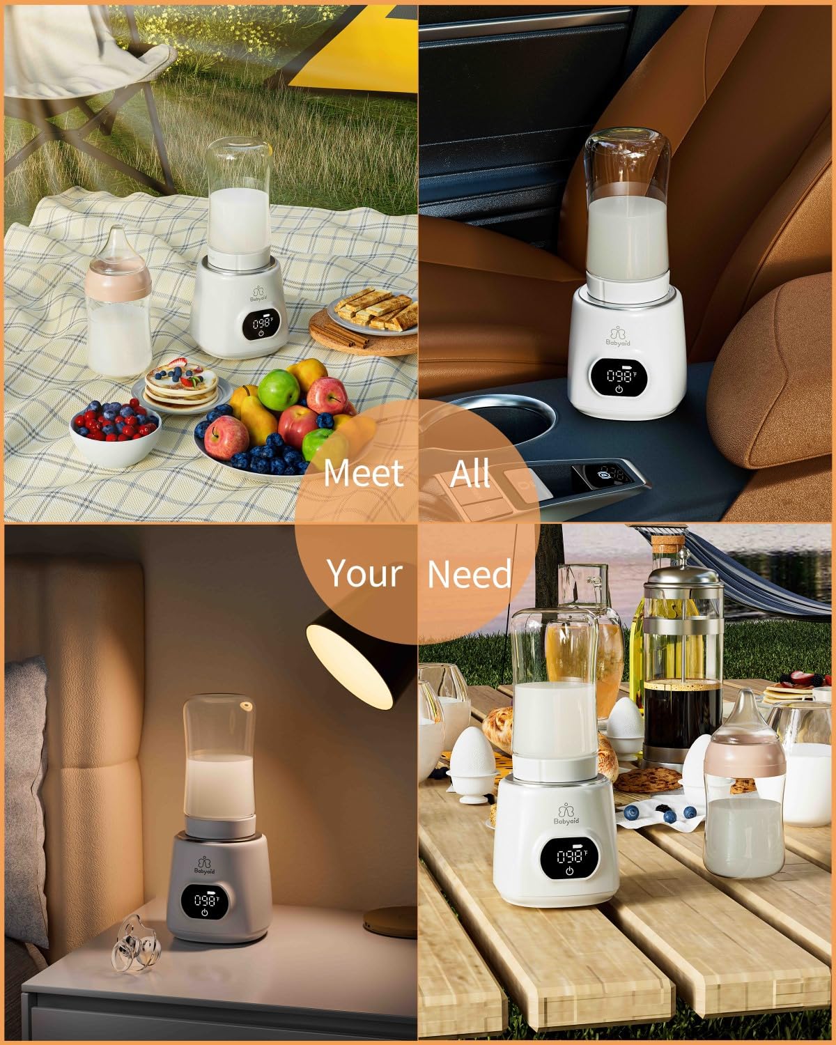 Babyaid Portable Bottle Warmer, Fast Heating Bottle Warmer with 4 Adapters, 4 Gears Temperature Smart Control Bottle Warmer, Cordless Trval Baby Bottle Warmer for Breastmilk or Formula, Pearl White