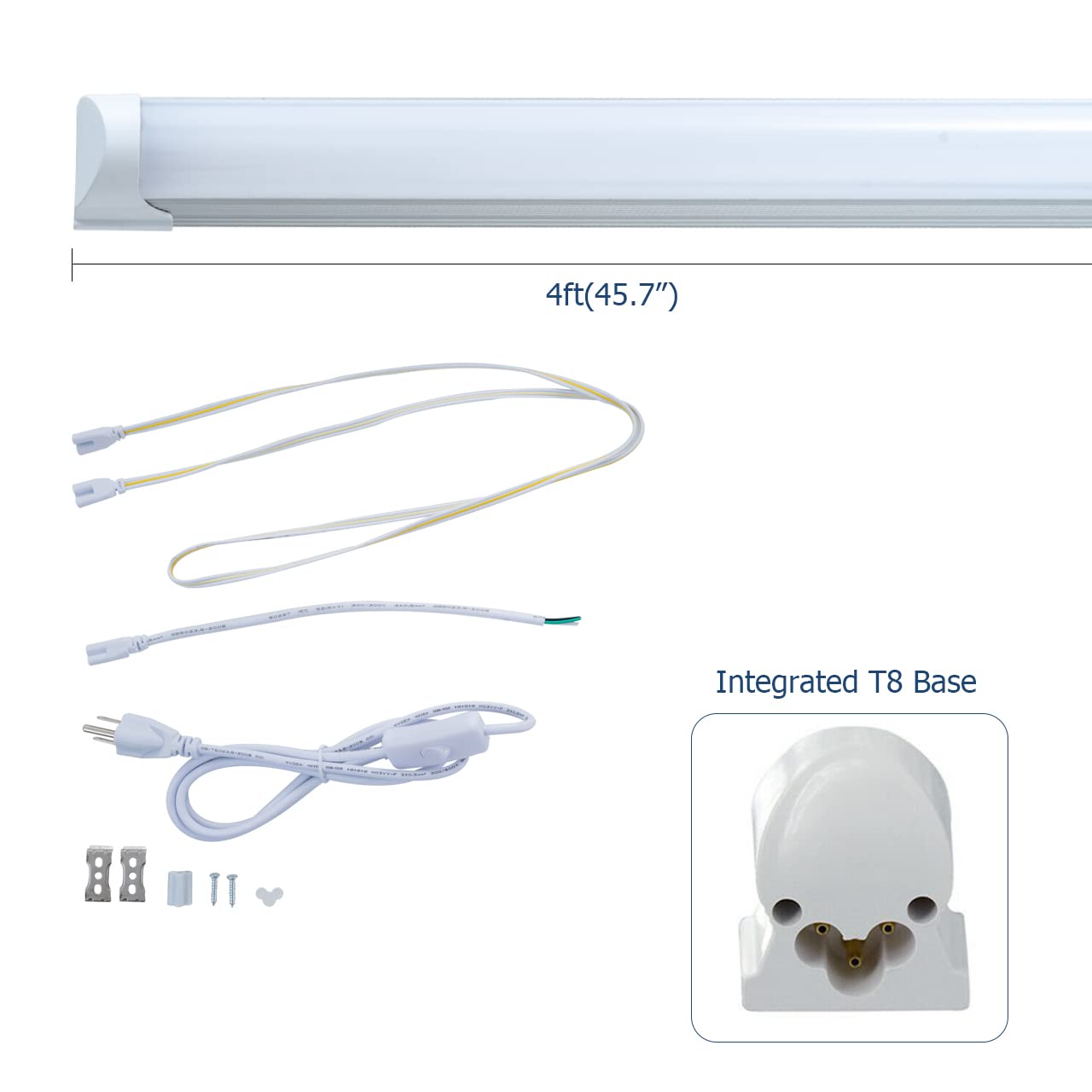 Greess 6 Pack LED T8 Shop Light, 4FT 24W 6000K Daylight White Linkable LED Integrated Tube Lights with Milky Cover, LED Bar Lights for Garage,Workshop,Workbench with On/Off Plug Cord
