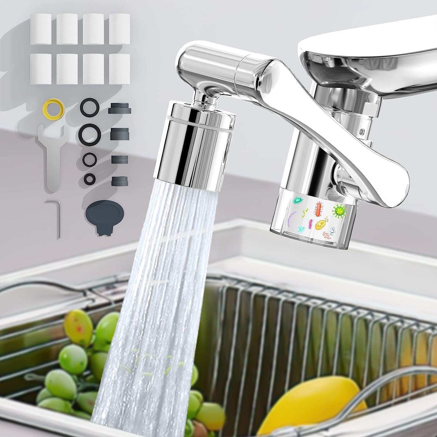 AVENHO 1080 Rotating Faucet Extender-8pcs Replace Water Filter, Splash Filter Sink, Brass Sink Faucet with 2 Water Outlet Modes for Kitchen/Bathroom Face/Washing Eye/Face