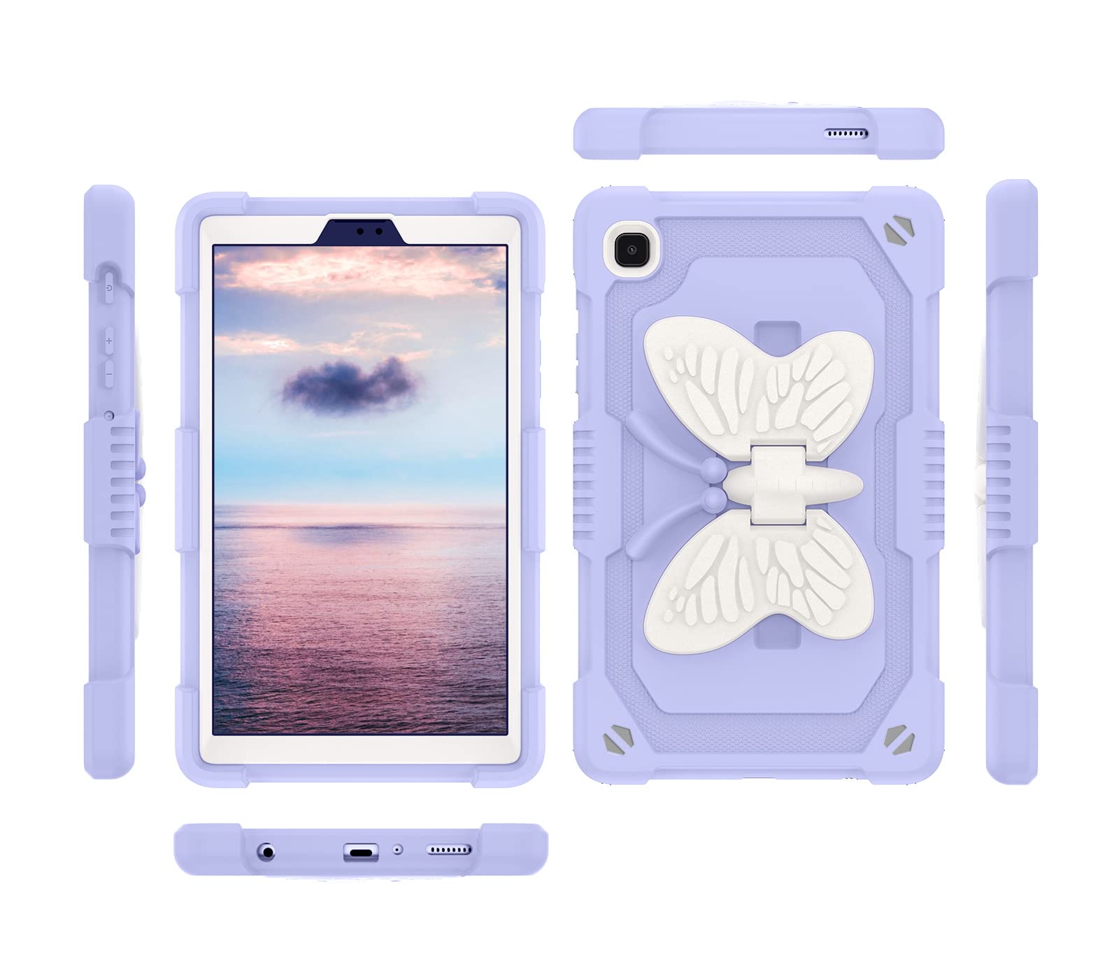 DUEDUE Design for Samsung Galaxy Tab A7 Lite 8.7” Case Butterfly Wings Kickstand Heavy Duty Shockproof Cute Full Protective Tablet Cover for Galaxy Tab A7 Lite 8.7 2021 Kids, Beige/Purple