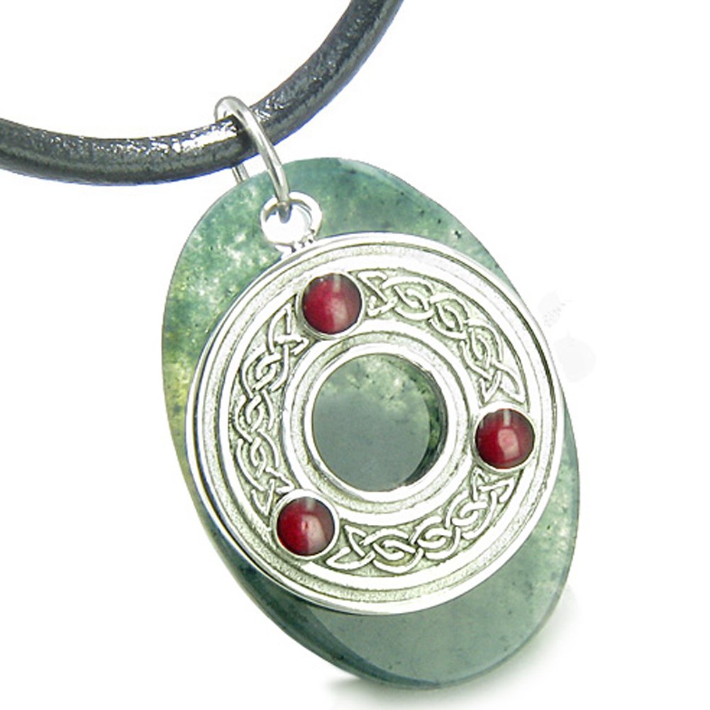 BestAmulets Amulet Celtic Triquetra Protection Knot Moss Agate Good Luck Leather Pendant Necklace