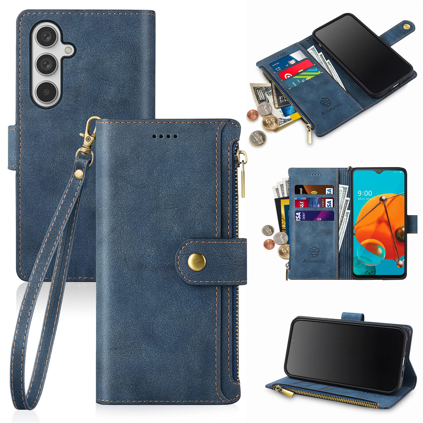 Antsturdy Samsung Galaxy A54 5G Wallet case with Card Holder for Women Men,Galaxy A54 Phone case RFID Blocking PU Leather Flip Shockproof Cover with Strap Zipper Credit Card Slots,Blue