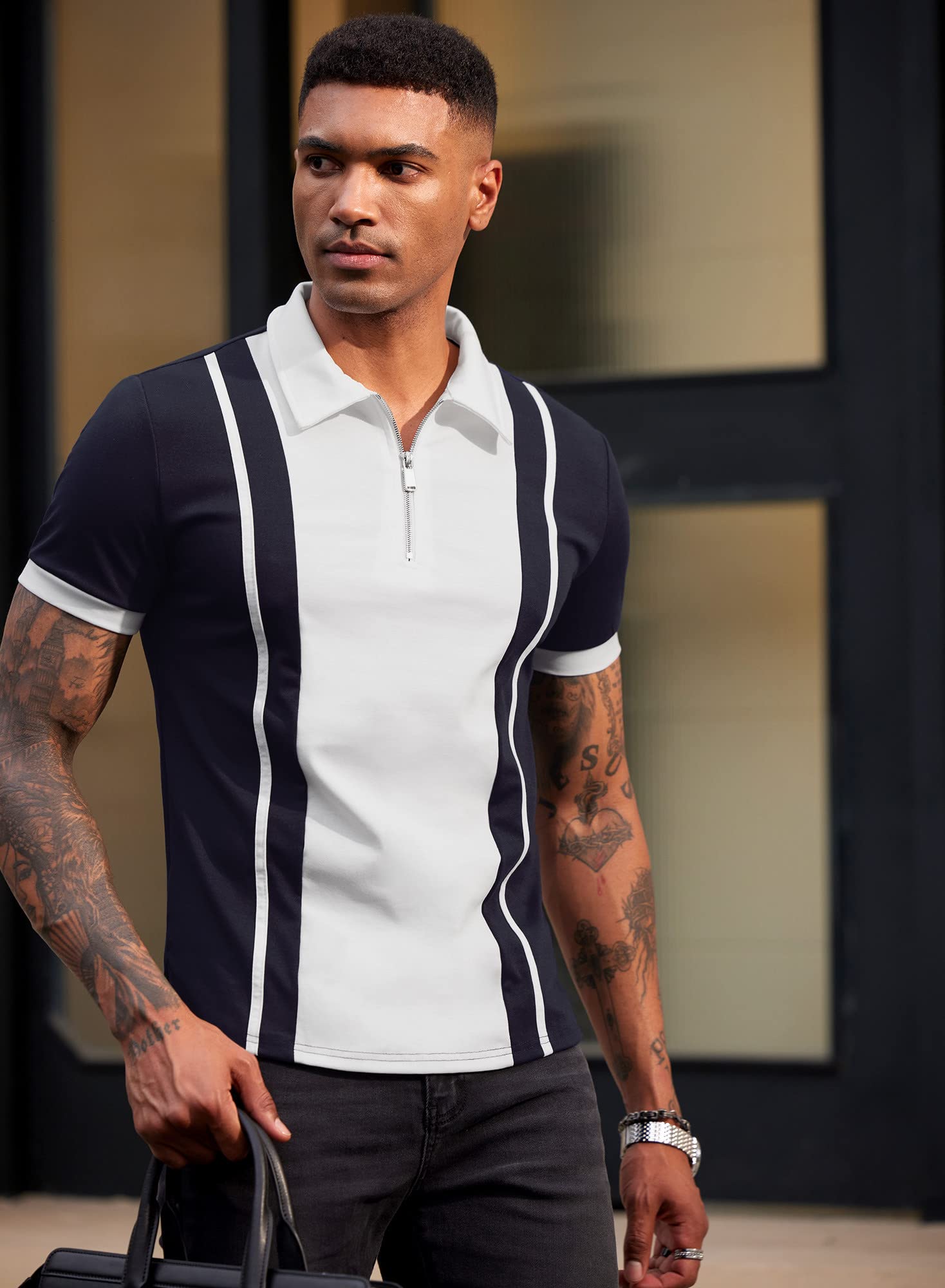 Arvilhill Man Zipper Polo Shirt 1940s Striped Printing Polo Shirt Zip Up Polo Tshirt S
