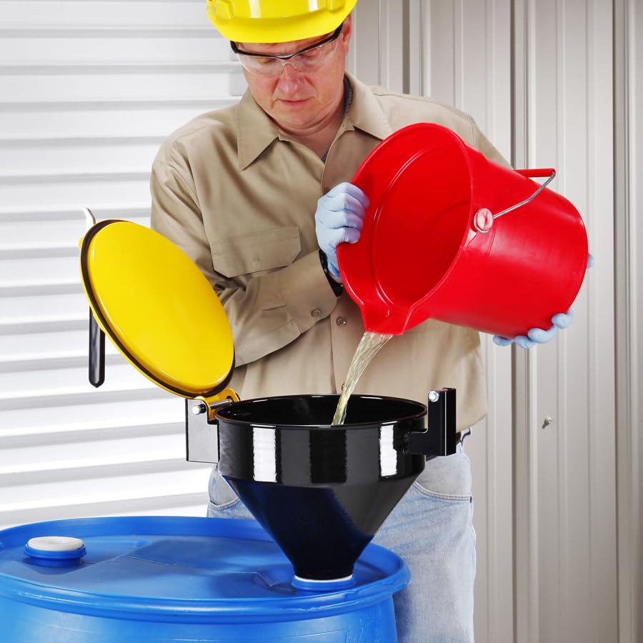 PIG Drum Funnel | Burpless Steel Drum Funnel | for 20 to 55 Gallon Steel or Poly Drums w/ 2" NPT | Overfill Preventer | 15" L x 11.25" W x 15" H | Red | DRM1127-RD-NPT