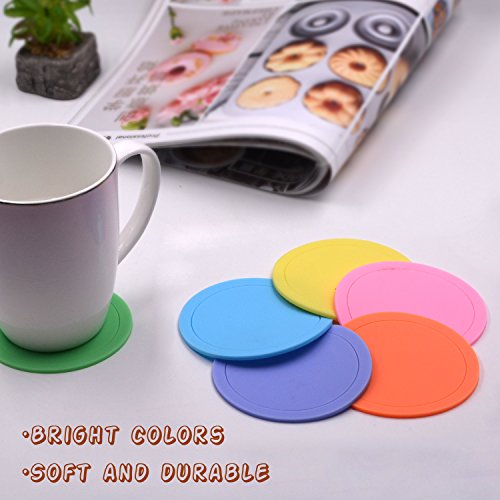 TOSSOW Silicone Drink Coasters with Holder Set 3.5 Inches Flexible Heat Resistant Coaster Colorful Insulation Durable Non-Slip Thick Coffee Drinks Wine Cup Mat (6 Colors, 6 pcs)