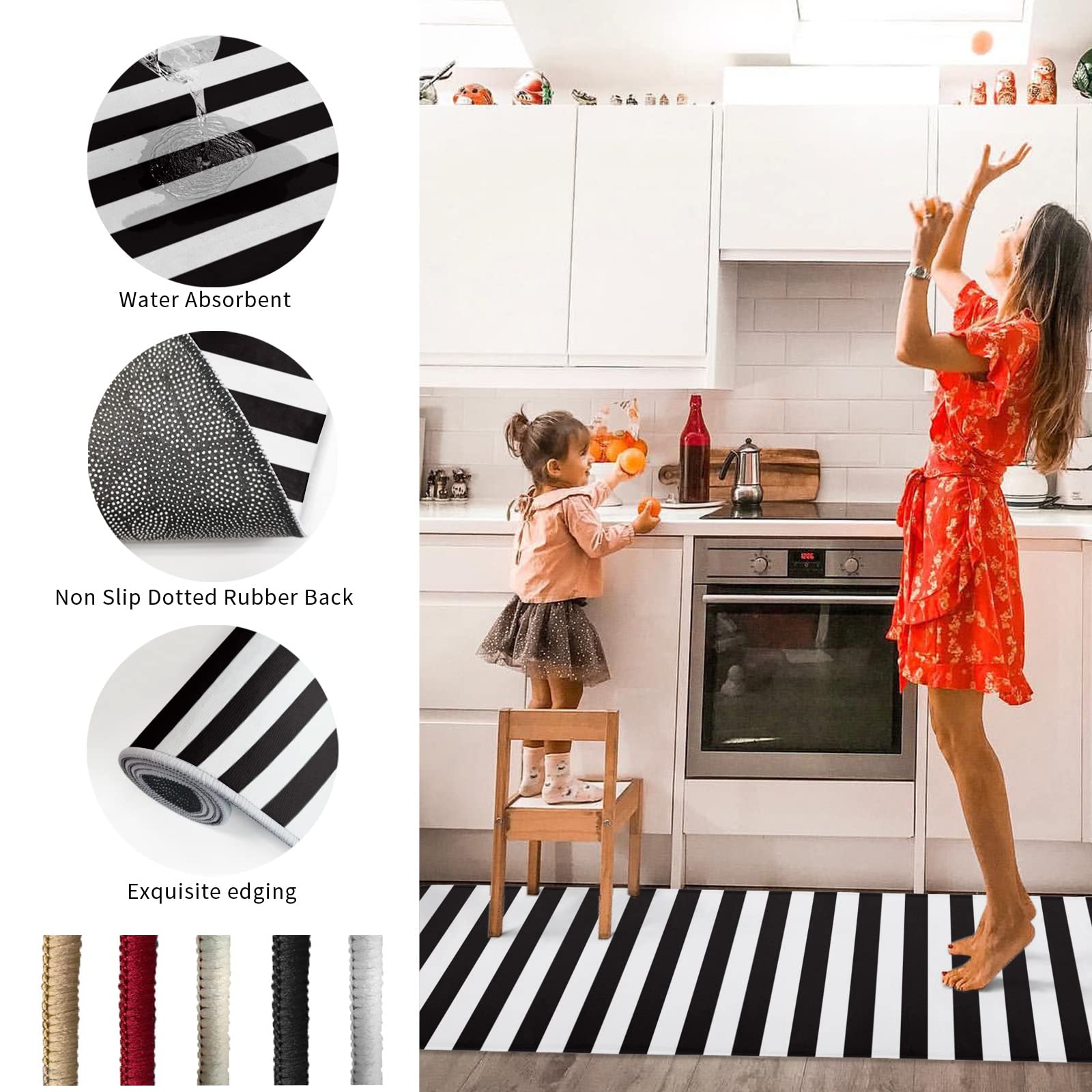Black White Stripes Kitchen Rugs and Mats Set of 2, Washable Floor Doormat Comfort Area Runner Rug Non-Slip Rubber Backing for Indoor Classic Modern Striped