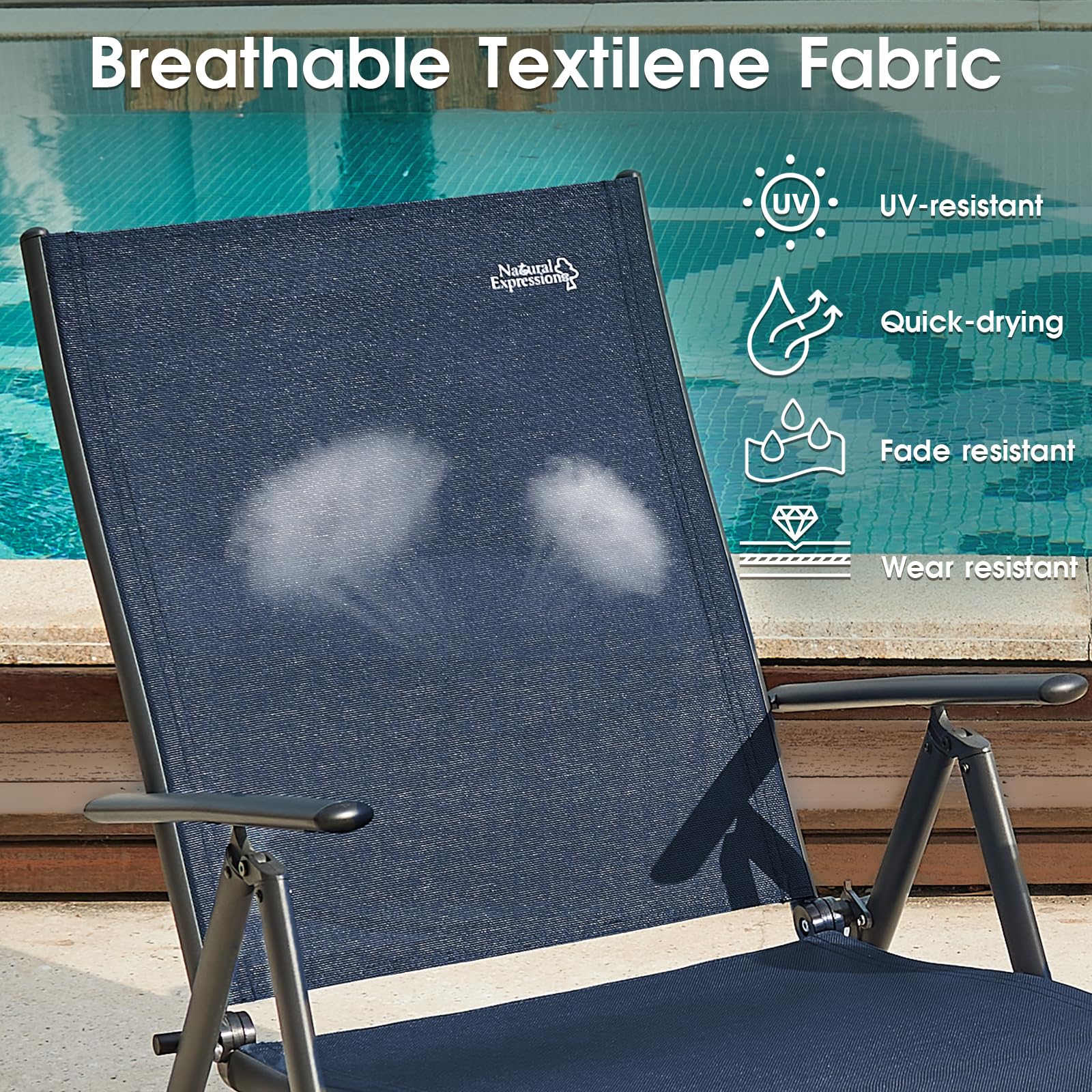 NATURAL EXPRESSIONS Chaise Lounge Outdoor, Aluminum Pool Lounger Chairs Portable Folding Patio Recliner Chair with 7 Position Adjustable Backrest for Beach, Backyard, Poolside,Lawn Supports 300 lbs