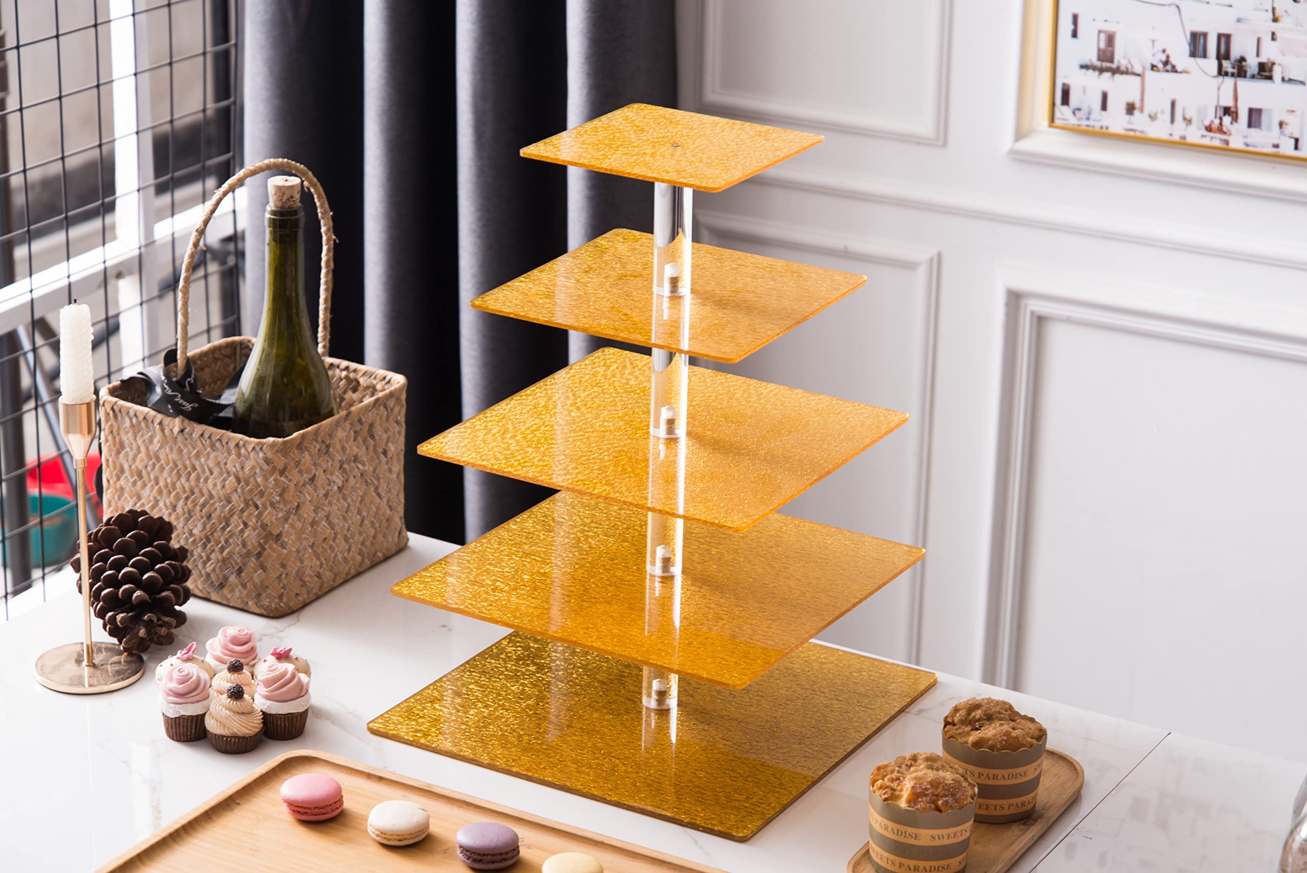 BLBYHO 5 Tier Gold Cupcake Stand, Acrylic Cup Cake Tower Display Dessert Stand, Square Cake and Cupcake Stand Combo Set for Dessert Table Bases para Cupcakes, Good for Party, Wedding, Christmas