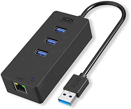 ICZI 3-Port USB 3.0 Hub with 10/100/1000 Gigabit Ethernet Adapter (RJ45 Gigabit Ethernet Converter), LED Indicator, for MacBook, MacBook Pro, MacBook Air, Surface 3/Pro 3/Pro4/Pro (2017) and More