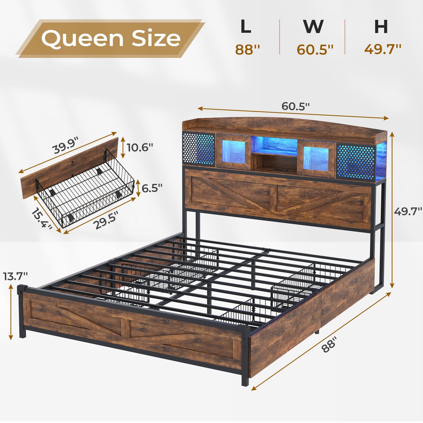 BTHFST King Size Bed Frame with Charging Station, LED Bed Frame King Size with Shelf Headboard, Farmhouse King Platform Bed Frame with Sliding Doors & Metal Slats Support, Noise-Free, Rustic Brown