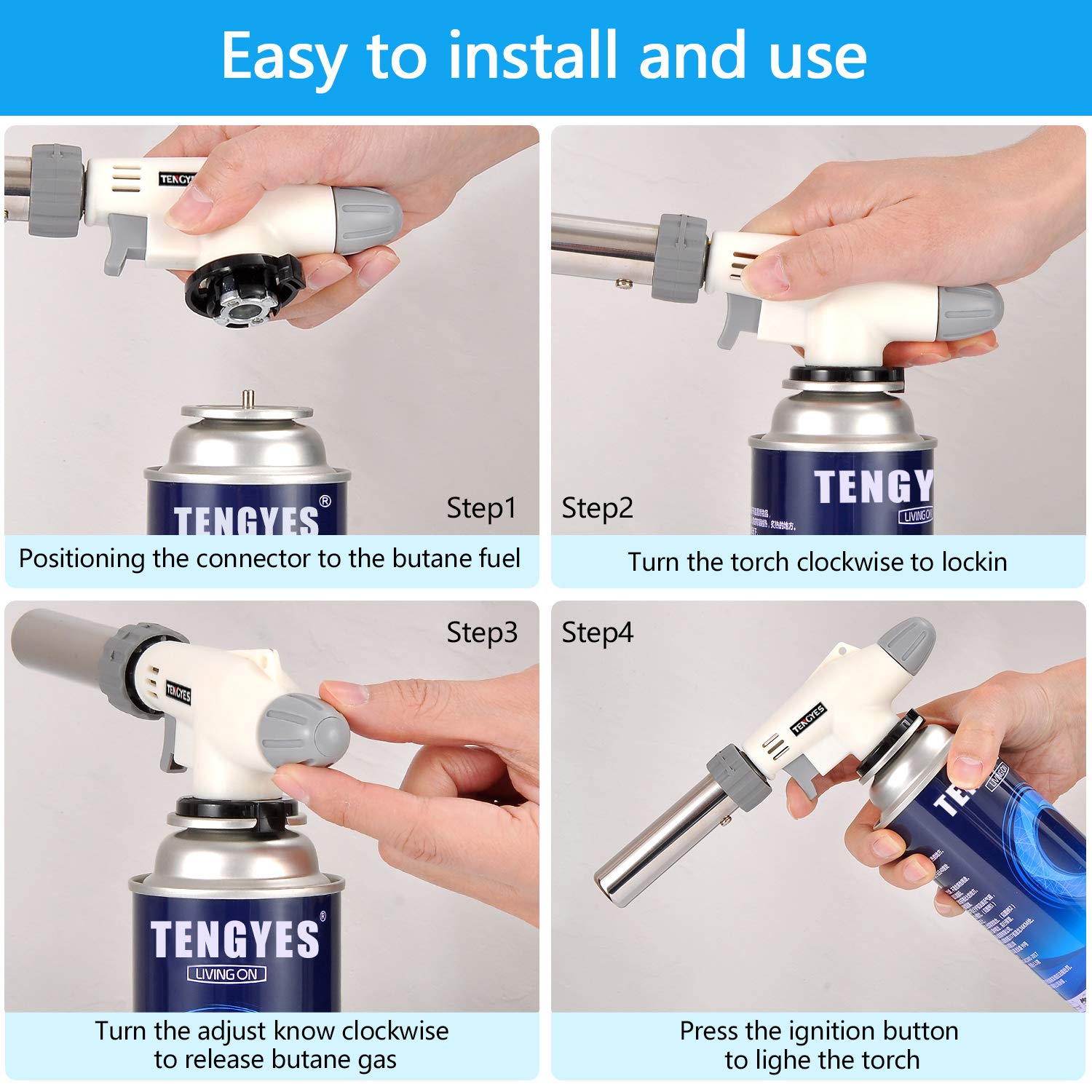 Blow Torch Kitchen Butane Lighter - Culinary Torch Chef Cooking Torch Professional Adjustable Flame with 360 Degree Inverted for Creme, Brulee, BBQ, Baking, Jewelry by TENGYES (Butane Not Included)