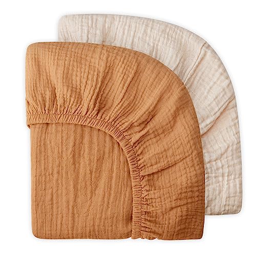Muslin Changing Pad Cover, Ultra Soft Cotton Diaper Changing Table Covers for Baby Girls Boys, Boho Changing Pad Sheets Neutral, Comfy and Breathable, 2 Pack (Retro Yellow & Beige)