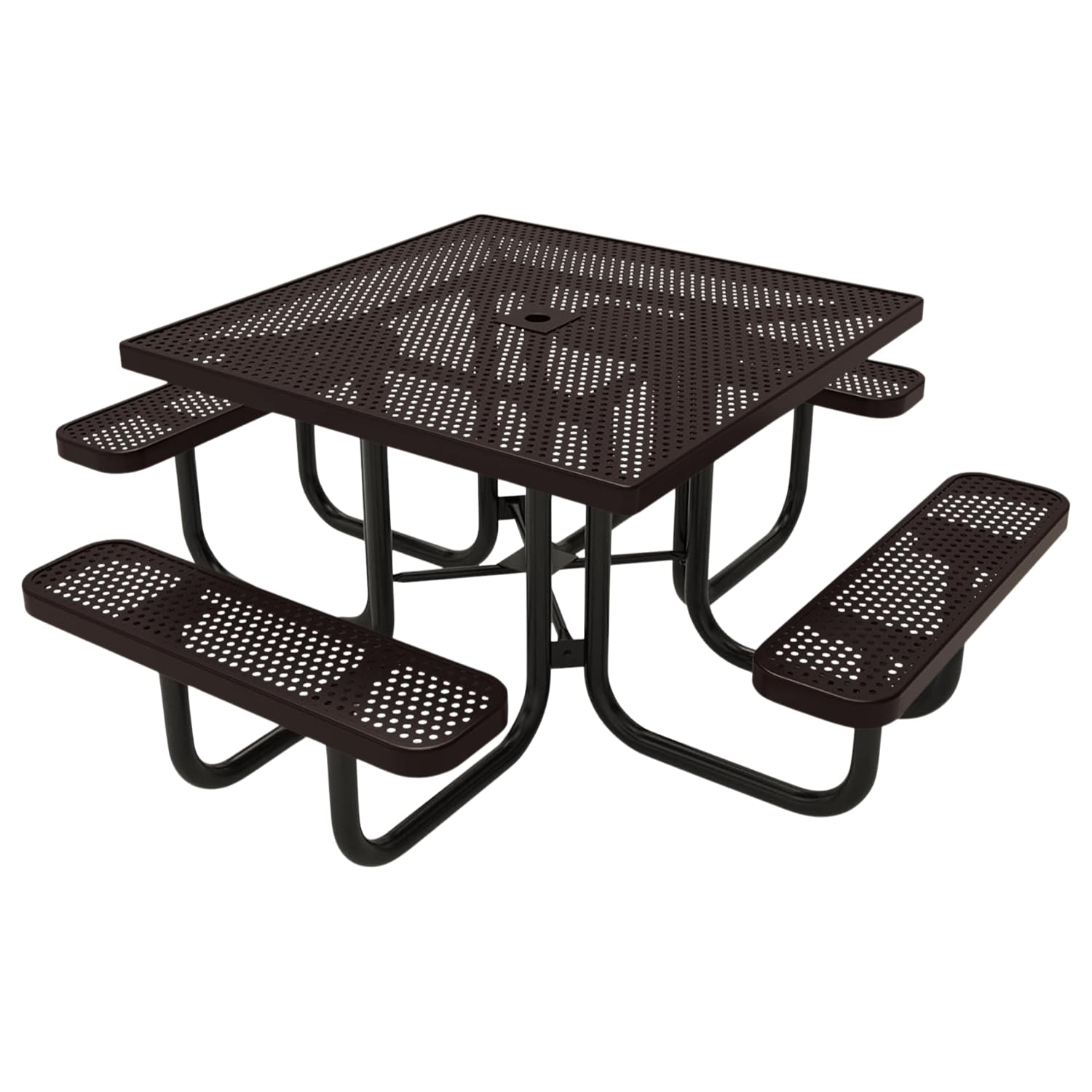 Coated Outdoor Furniture Heavy-Duty Portable Outdoor Picnic Table with Umbrella Hole, Punched Steel Commercial-Grade Patio Dining Furniture Made in America (46" Square Top, Brown)