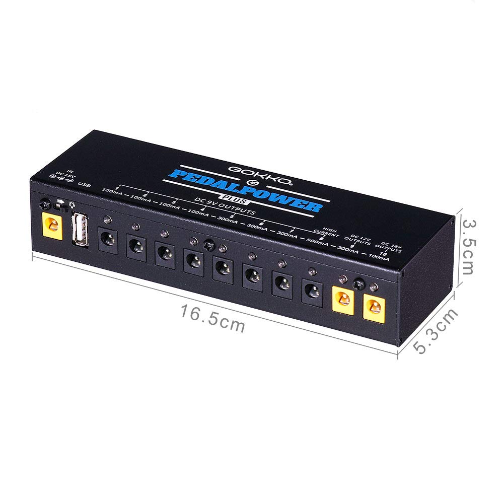 GOKKO Guitar Pedal Power Supply 10 Isolated DC Output for 9V 12V 18V Effect Pedal with Smart Short Circuit and Over Current Protection