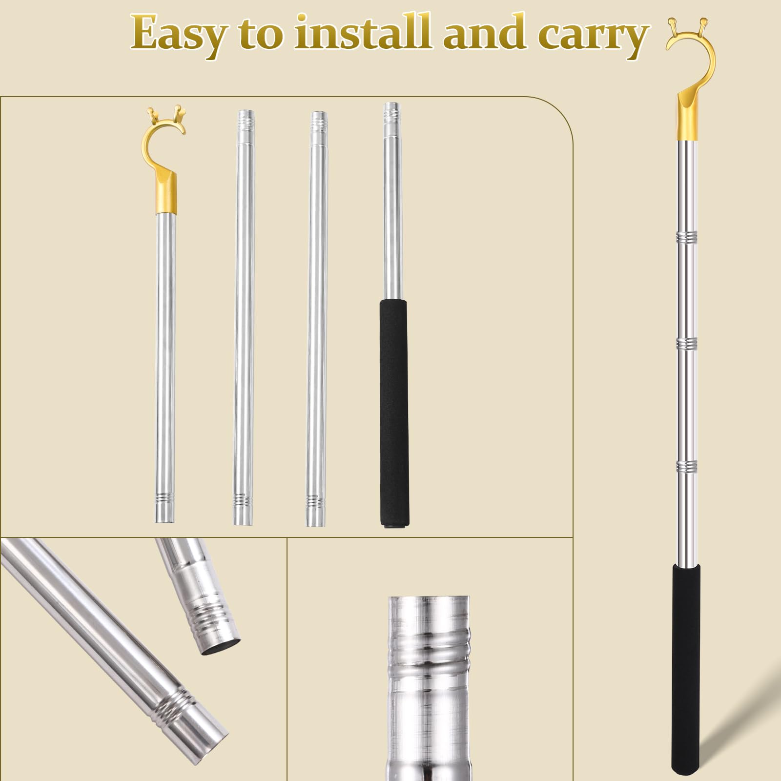 Cagaloi clothes hook pole,56inch adjustable extension pole.High Reach Garment Hook for Hanging Clothes Light and Plants Made of stainless steel, the pole is strong yet lightweight with a sponge handle