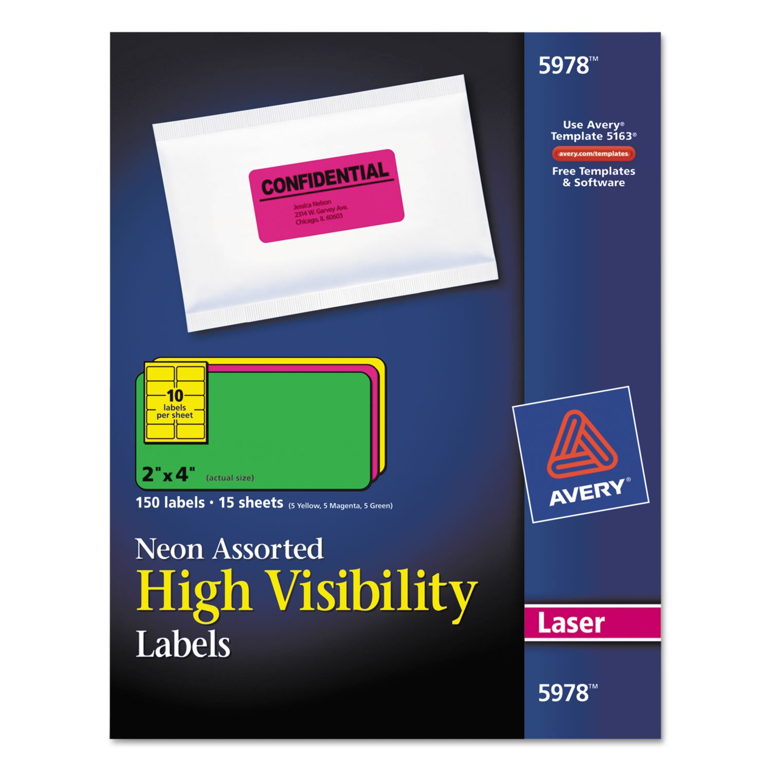 Avery 5978 Neon Laser Labels, Rectangle, 2-Inch x4-Inch , 150/PK, Assorted