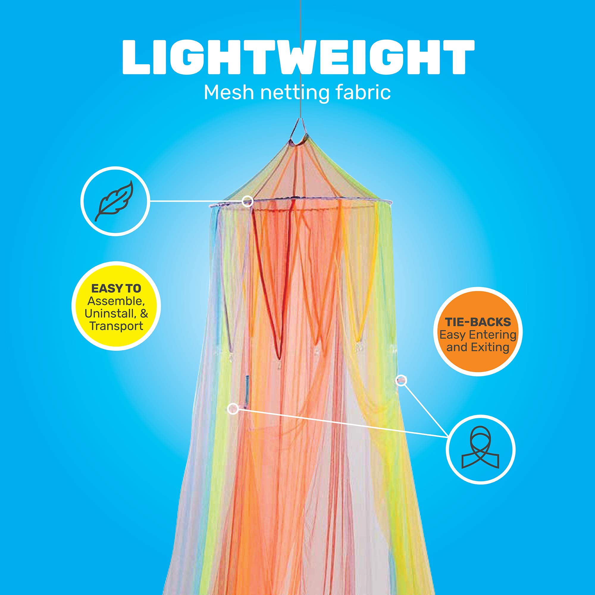 Constructive Playthings Rainbow Retreat Kids Canopy,Decorative, Fun Space Hanging Bed Canopy for Bedrooms, Optimize Classroom Space or Play Space, Mesh Netting, Built In Loop, Easy Assembly, All Ages
