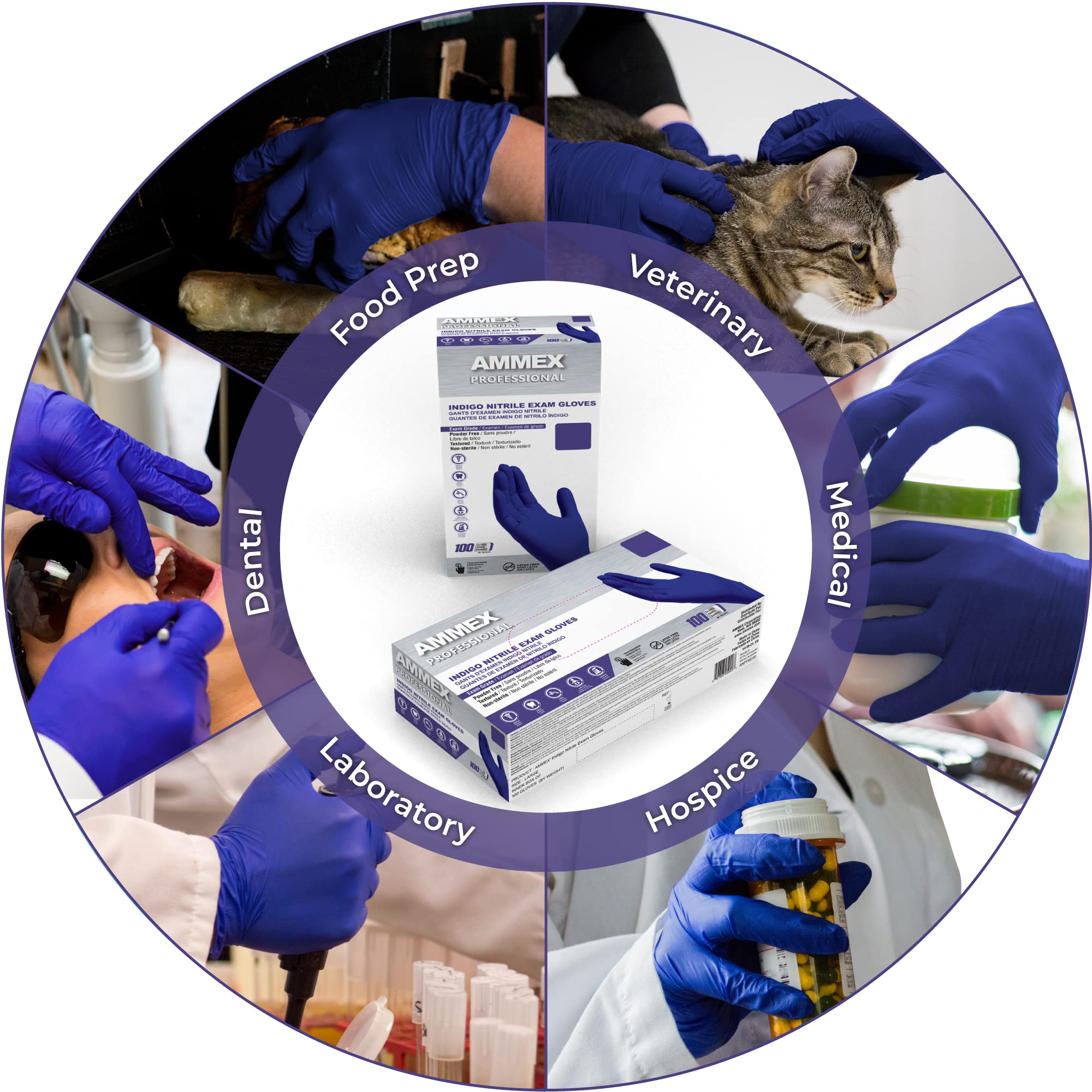 AMMEX Indigo Nitrile Disposable Exam Gloves, 3 Mil, Latex & Powder Free, Food-Safe, Textured, Non-Sterile, Large, Box of 100