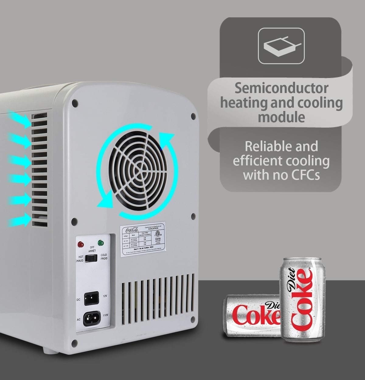 Coca-Cola Diet Coke 4L Mini Fridge Cooler/Warmer 12V DC 110V AC 6 Can Portable Personal Travel Refrigerator for Snacks Drinks Cosmetics Desk Home Office Dorm Gray with Iconic Design & Chrome Accents
