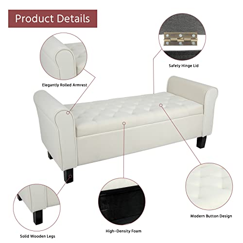 Babion Storage Bench End of Bed, Velvet Ottoman Bench with Storage and Arms, Upholstered Fabric Storage Ottoman Bench with Button Tufted, Storage Bench for Bedroom Living Room(White)