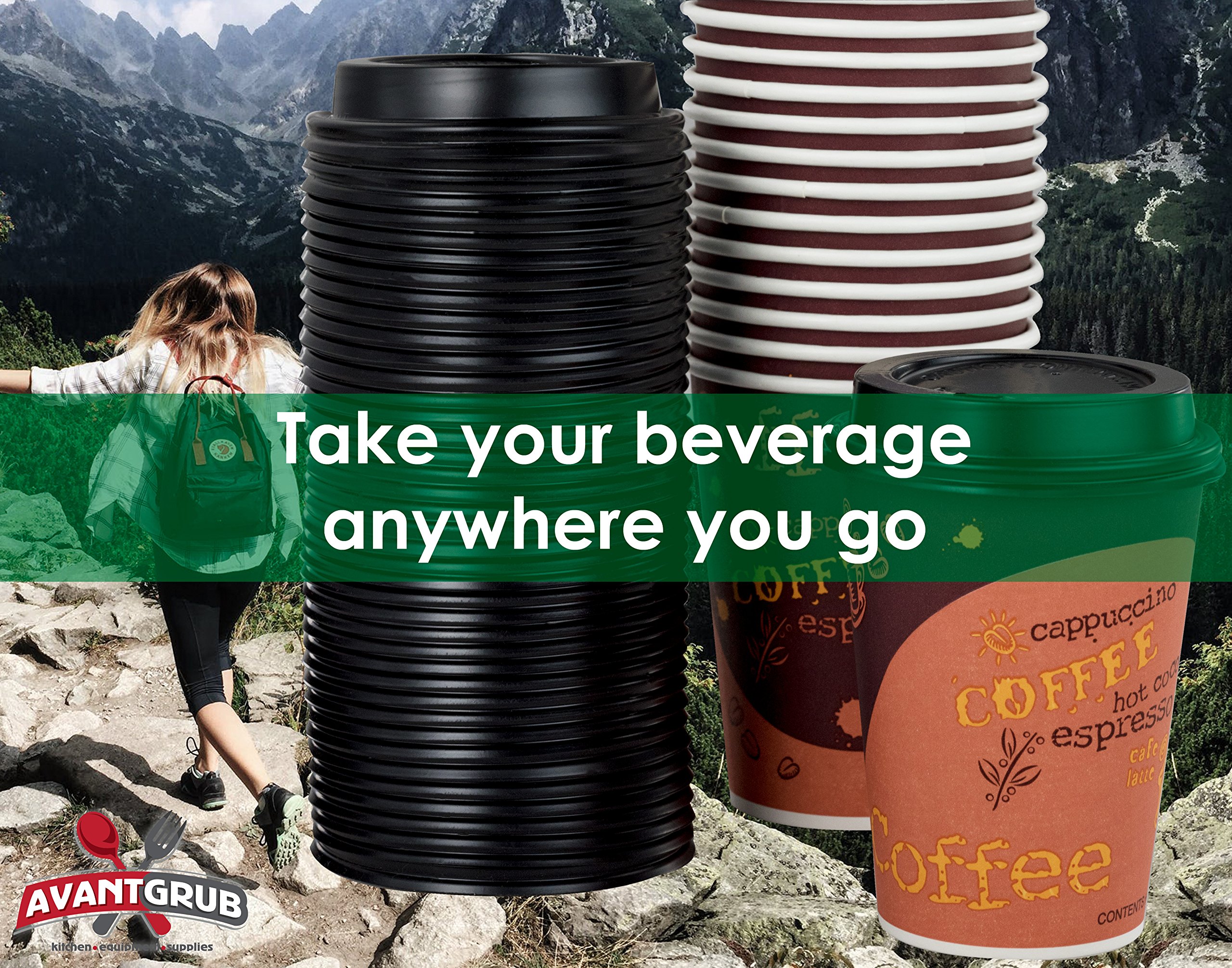 Avant Grub 100 Pack 12 Oz Restaurant Grade Paper Coffee Drinking Cup With Recyclable Dome Lids. Durable, BPA Free Disposable Designer Cups For Hot Drinks At Kiosks, Shops, Cafes