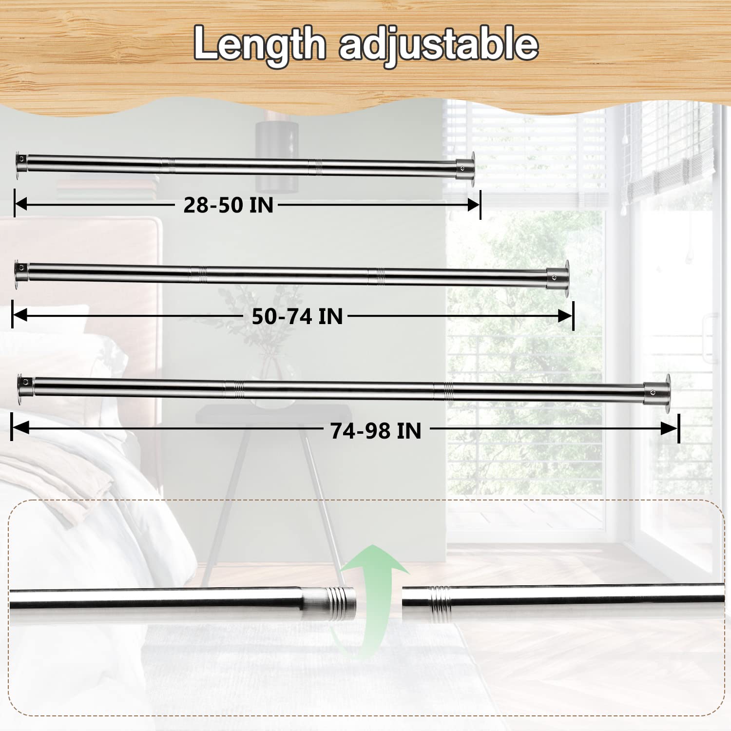 Closet Rod for Hanging Clothes, 28 to 50 Inch Adjustable Extender Closet Hanging Rods, Heavy Duty Tension Metal Extender Closet Pole for Wardrobes(Stainless Steel Silver)
