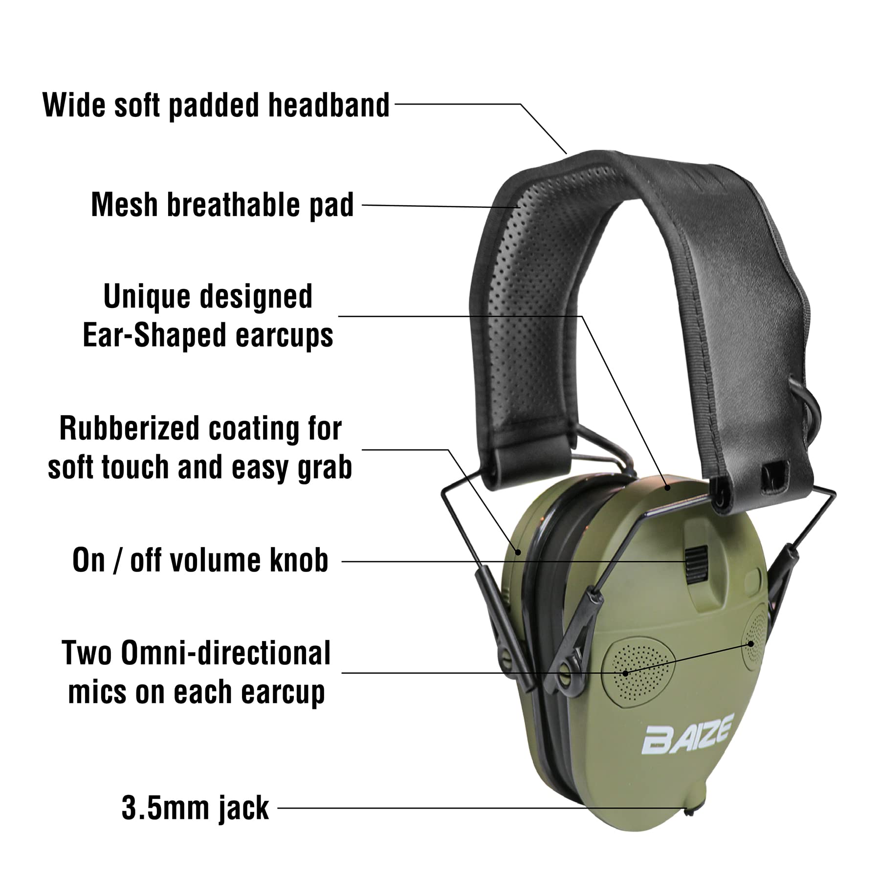 BAIZE Tactical Electronic Shooting Ear Protection 4-Mics Ear-Shaped Earmuffs Anti-Noise Sound Amplification Headphones for Outdoors