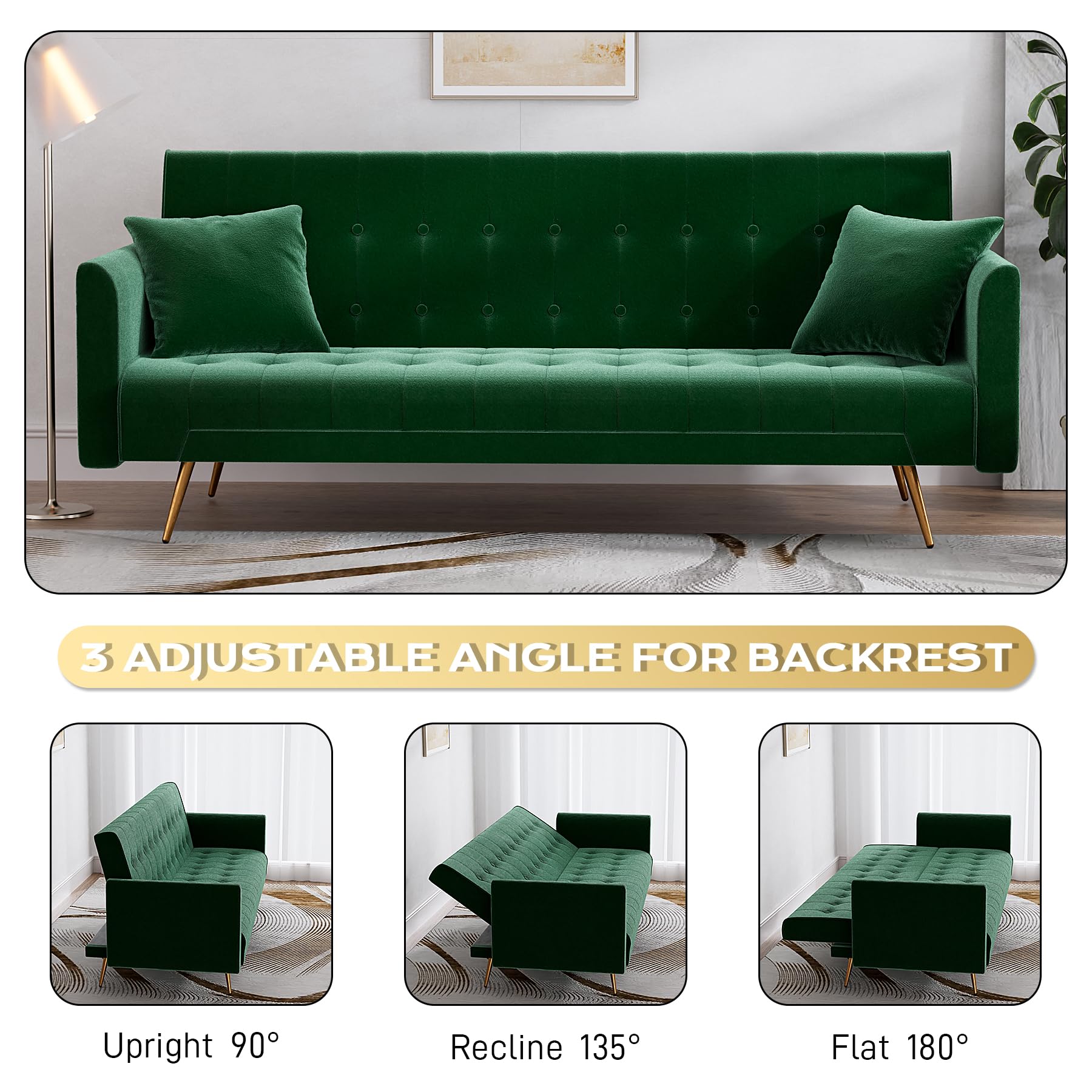 OUYESSIR Velvet Futon Sofa Bed, Convertible Futon Couch, Sturdy Sleeper Sofa in 71 inch, Small Futon Sofas (Green)