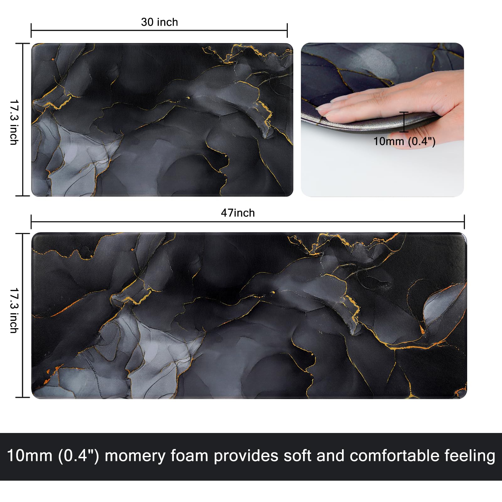 BLEUM CADE 2 PCS Kitchen Rugs and Mats Black Marble Kitchen Mats for Floor Anti Fatigue PVC Waterproof Leather Runner Rug Non Slip Cushioned Standing Mat for Sink Laundry 17.3''x30''+17.3''x47''