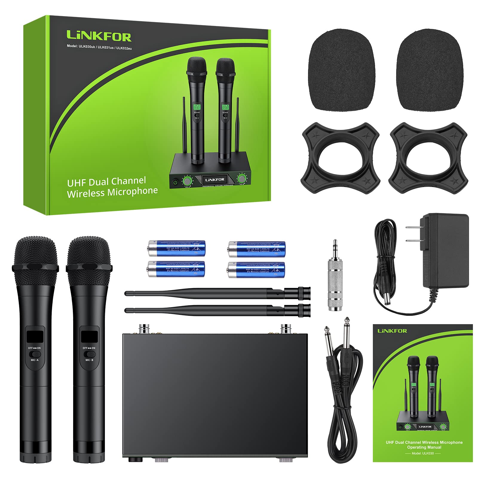 LiNKFOR Wireless Microphone, UHF Wireless Karaoke Microphone System, Professional Dual Cordless Microphone 196ft Transmission Range, Wireless Mic for Church, Wedding, Conference, Party