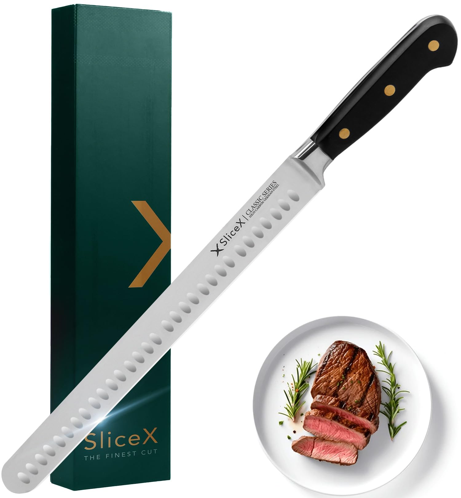 Bright Hobby Meat Carving Knife - Razor Sharp 12 in Large Slicer for Meat, Slicing Cutting, Brisket, Beef, BBQ, Ham etc. The Best Brisket Knife, White, (SK-001)