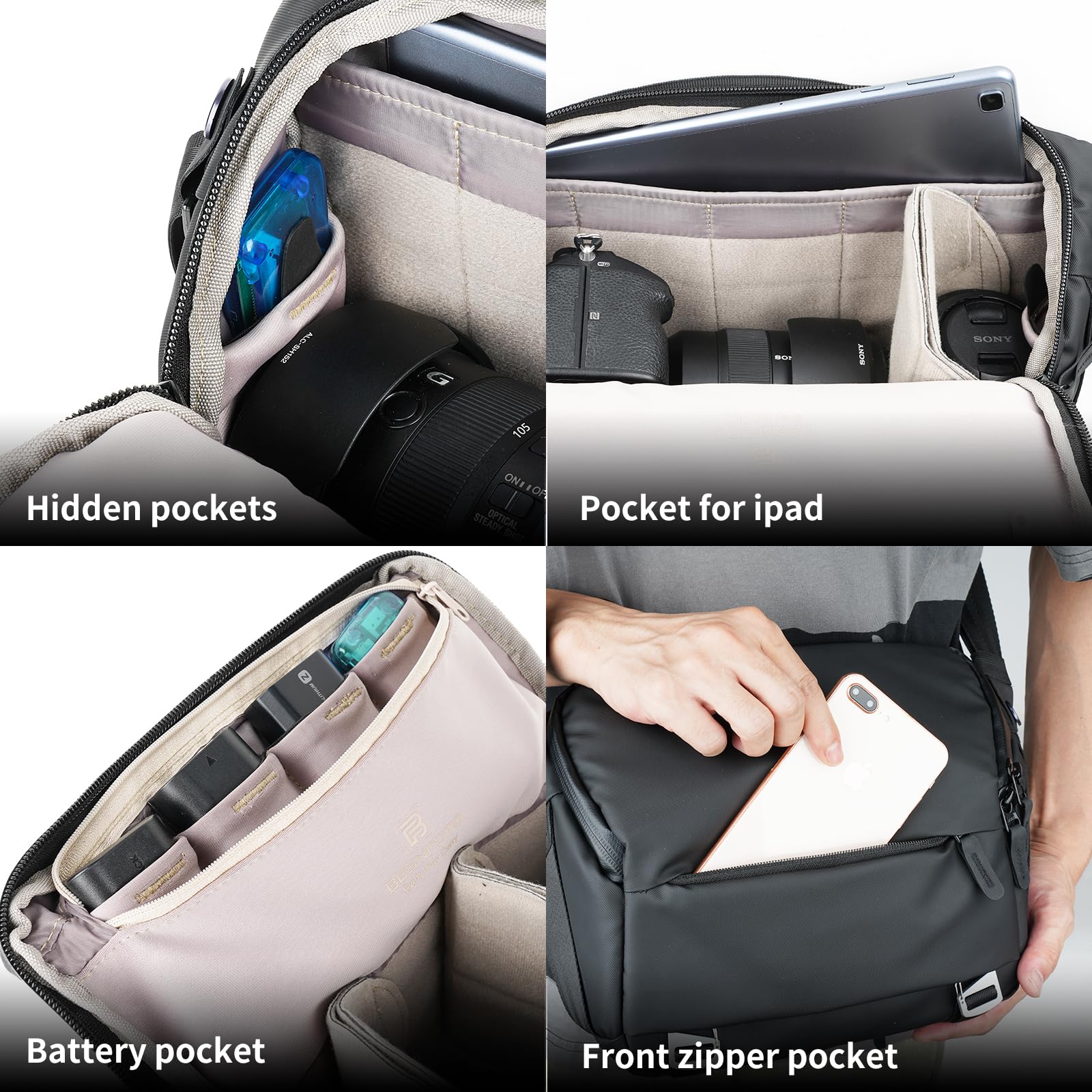 Besnfoto Camera Bag DSLR Camera Sling Bag for Photographer Waterproof Small Crossbody Shoulder Bag Case for Mirrorless Camera, Black