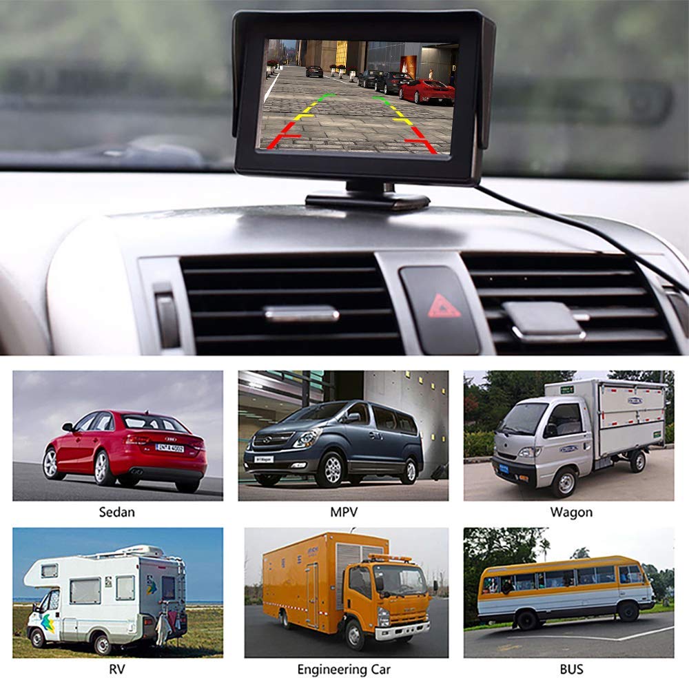 Backup Camera 4.3 Inch HD 1080P Car Backup Camera for Cars, Trucks, Pickups, Suvs Easy Installation Waterproof Night Vision 12 LED Rear Backup Camera One Power System Reverse/Continuous Use Grid Lines