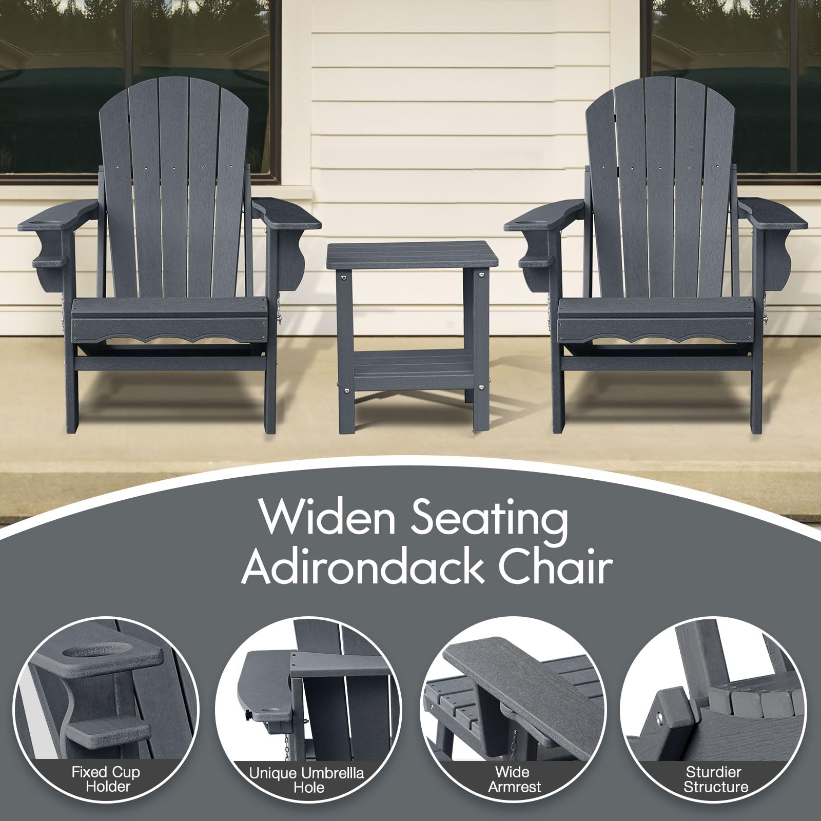 CLOUDEEP Folding Adirondack Chairs, Oversized Adirondack Chairs with Side Table and Cup Holder, Modern Composite Plastic Outdoor Furniture Chairs for Patio, Fire Pit, Porch, Backyard, Deck