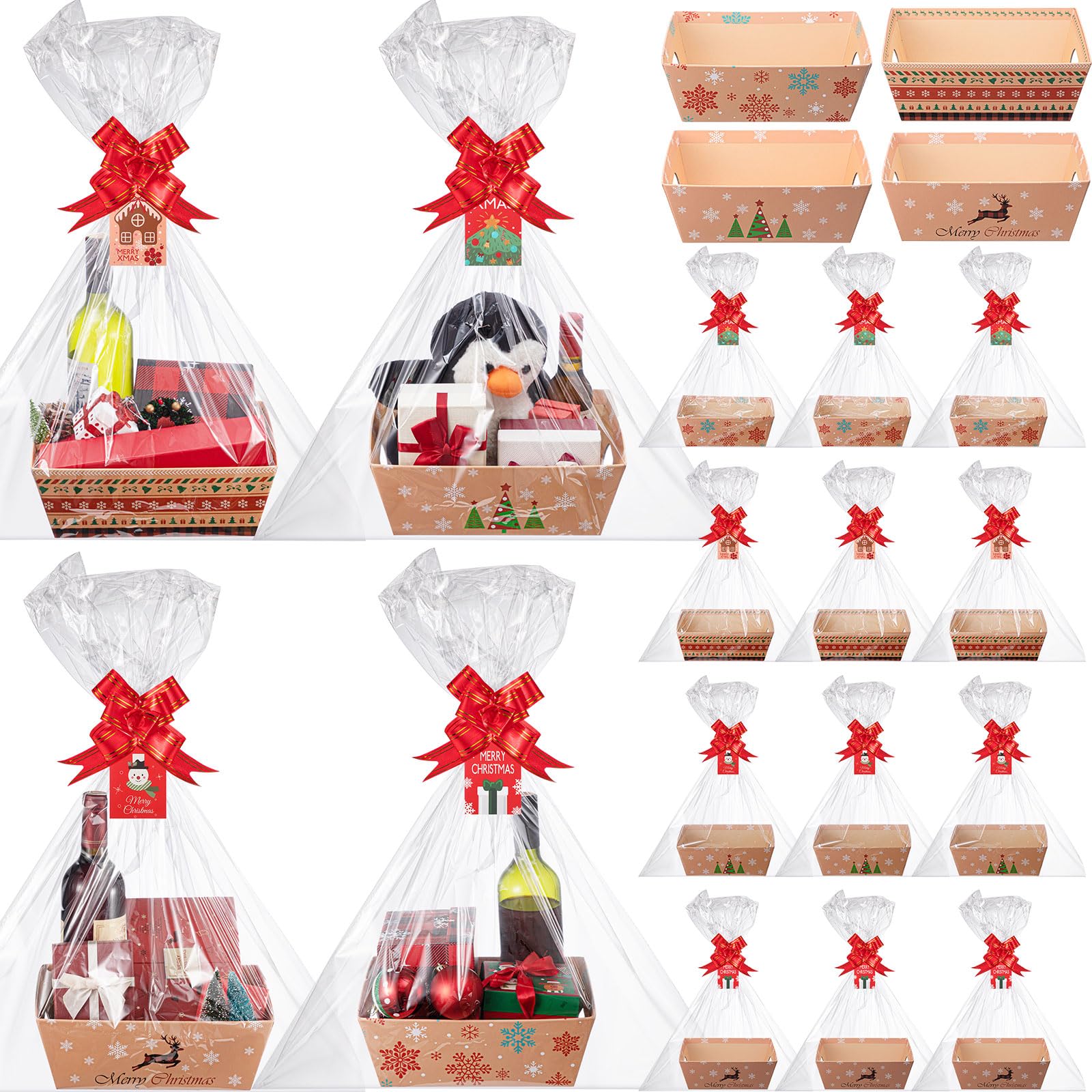 Cholemy 12 Sets Large Christmas Basket for Gift Empty Gift Basket Kit Gift Basket Empty to Fill with Handles Wine Basket Kraft Cardboard Tray for Christmas Birthday Party Gift Wrapping (Red,Classic)