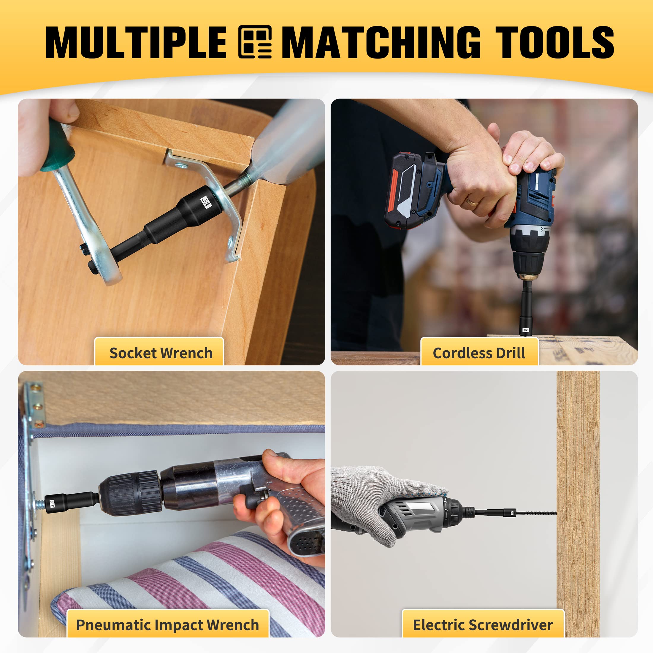 BOEN 1/4 inch Magnetic Nut Driver Set, 6 Piece Impact Drill Driver Bit Set, Length 1/4", 5/16", 3/8", Quick-Change Hex Shank SAE Nut Driver, Cr-V Steel, Black Manganese Phosphate Coating